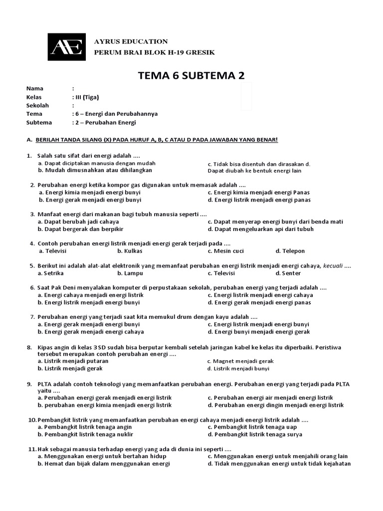 Soal Tema 6 Kelas 3 SD Subtema 2 Perubahan Energi - Ayrus Education | PDF