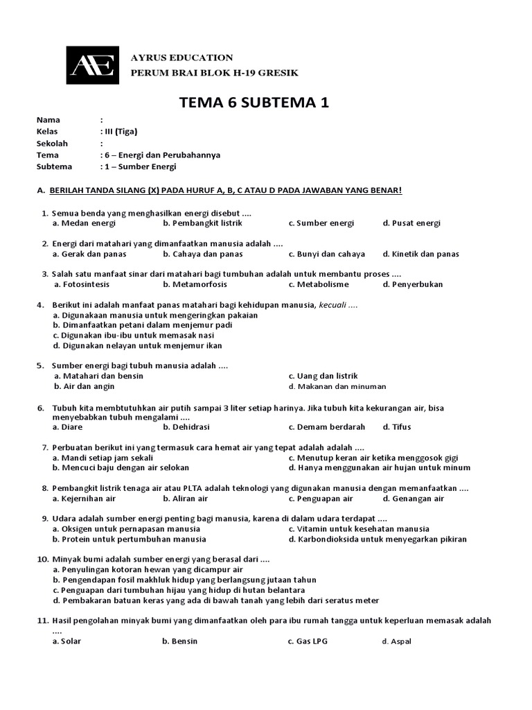 Soal Tema 6 Kelas 3 SD Subtema 1 Sumber Energi - Ayrus Education | PDF | Perjalanan