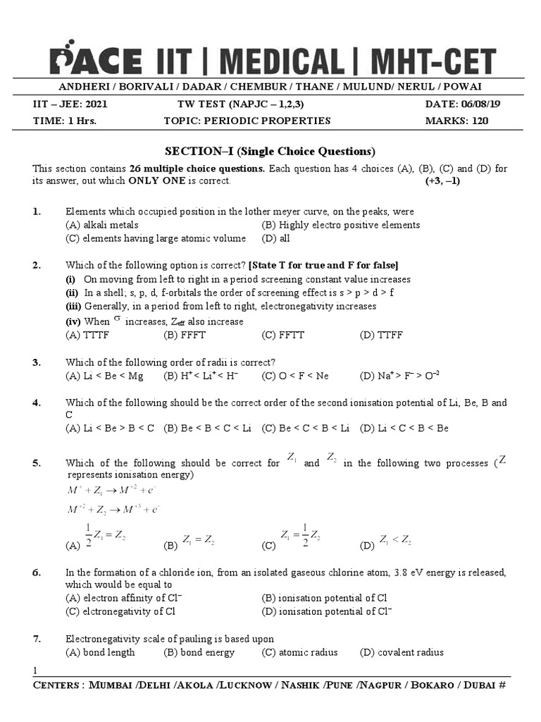 PERIODIC PROPERTIES Full Test 1 | PDF | Ion | Ionization
