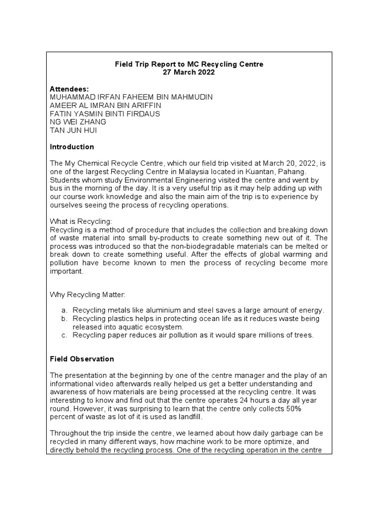 Exercise 2 - Field Trip Report - Recycle Centre | PDF | Recycling | Waste
