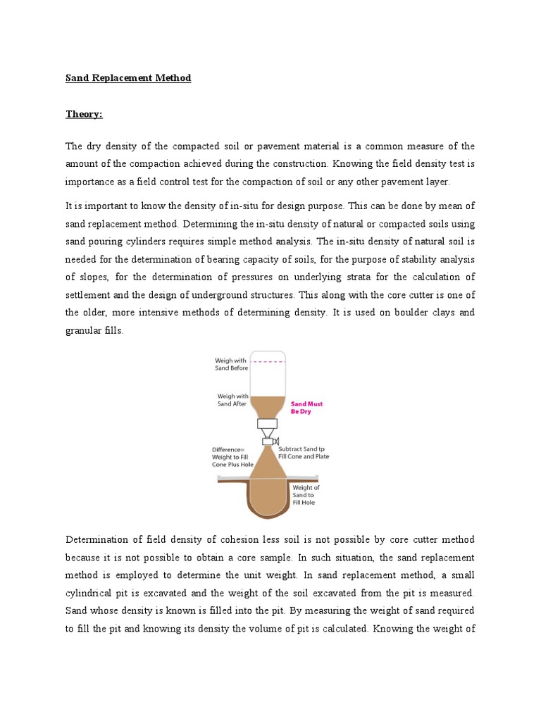 Sand Replacement Method - Theory and Conclusion | PDF | Density | Soil