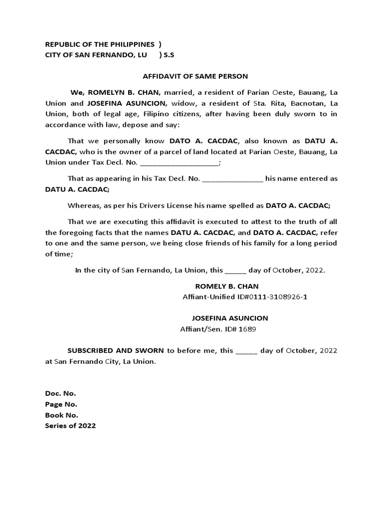 Affidavit of Same Person | PDF | Affidavit | Public Law