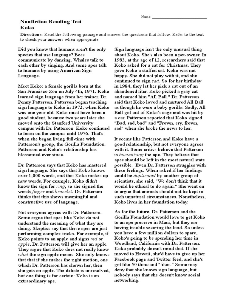 Koko: The Signing Gorilla's Story | PDF