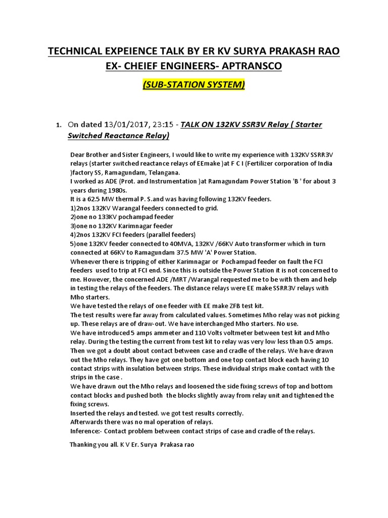 KVPS RAO - Sub-Station Experience | PDF | Transformer | Electrical Substation