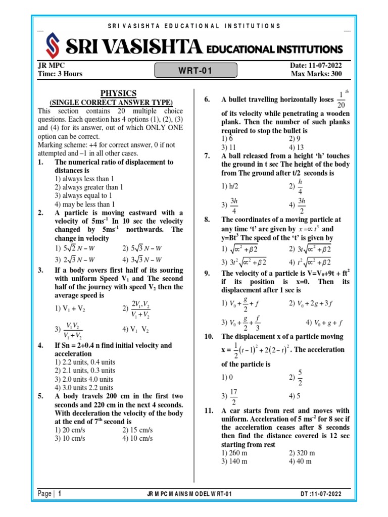 Final - JR MPC Mains Model WRT-1 - Ex - DT-11.07.2022 - QP | PDF | Atomic Nucleus | Chemical ...