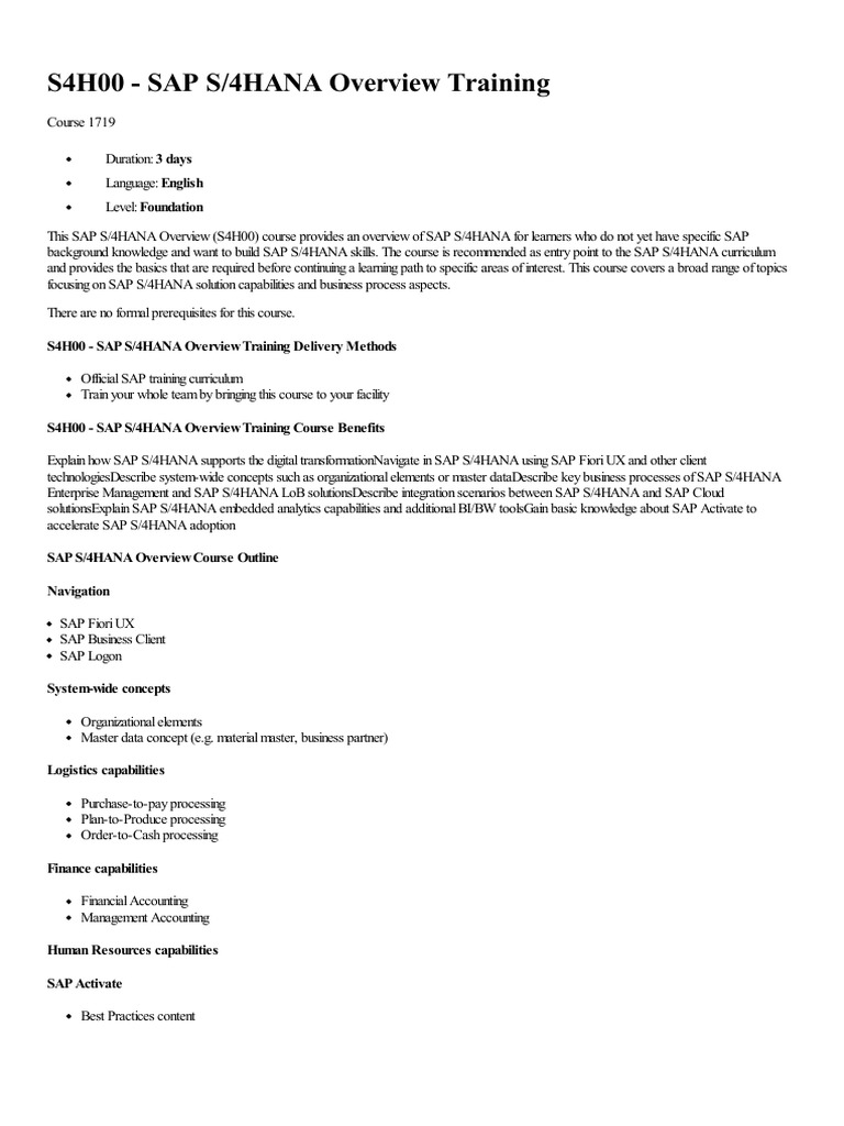 SAP S/4HANA Overview Training Course | PDF | Career & Growth | Business