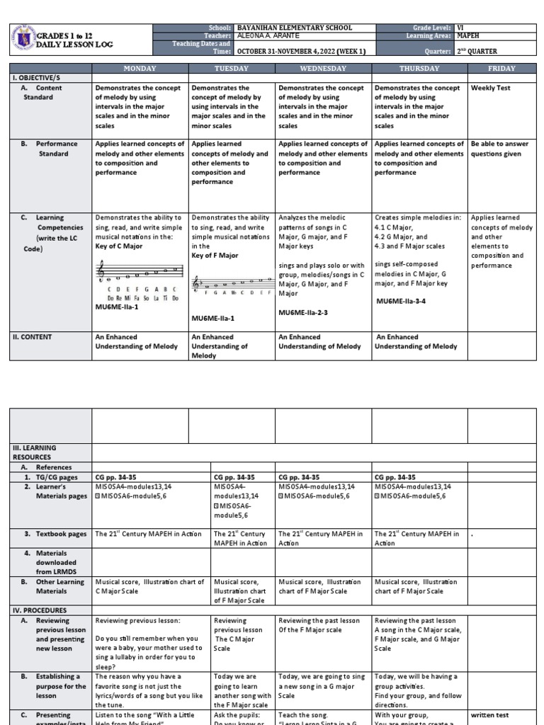 DLL - Mapeh 6 - Q2 - W1 | PDF | Scale (Music) | Interval (Music)