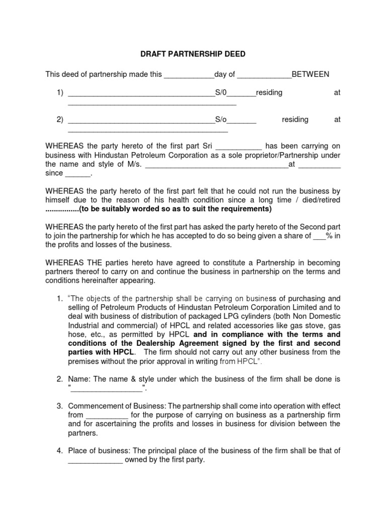Draft Partnership Deed - LPG - TKK | PDF | Partnership | Interest