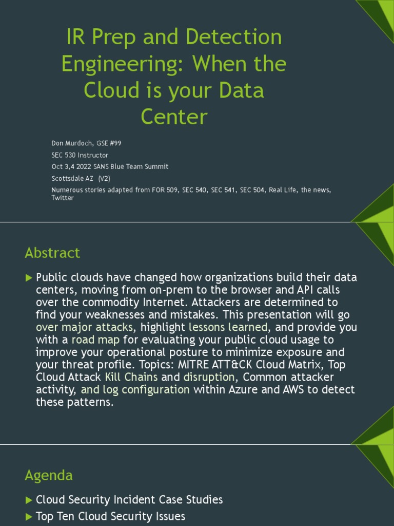 IR Prep and Detection Engineering When The Cloud Is Your Data Center, Don Murdoch | PDF | Cloud ...