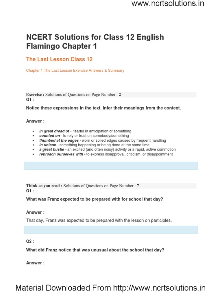 NCERT Solutions For Class 12 English Flamingo Chapter 1 | PDF ...