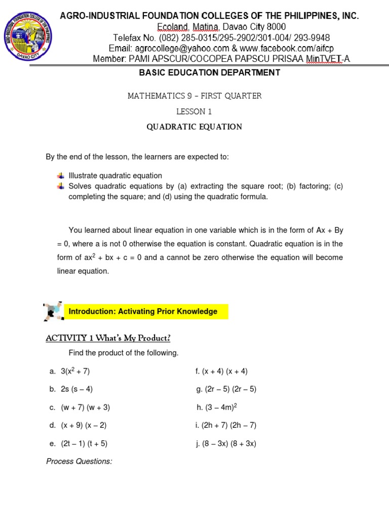 Math 9 Lesson 1 Quadratic Equation | Download Free PDF | Quadratic Equation | Equations