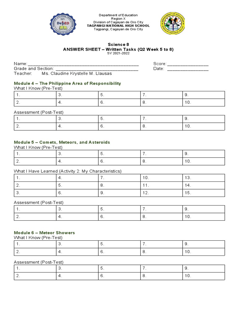 Answer Sheet Sci 8 Q2 WK 5 8 | PDF