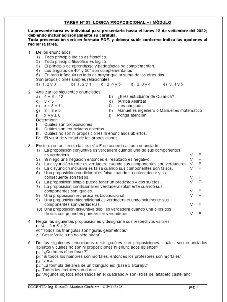 Tarea #01 - I Módulo | PDF | Proposición | Lógica