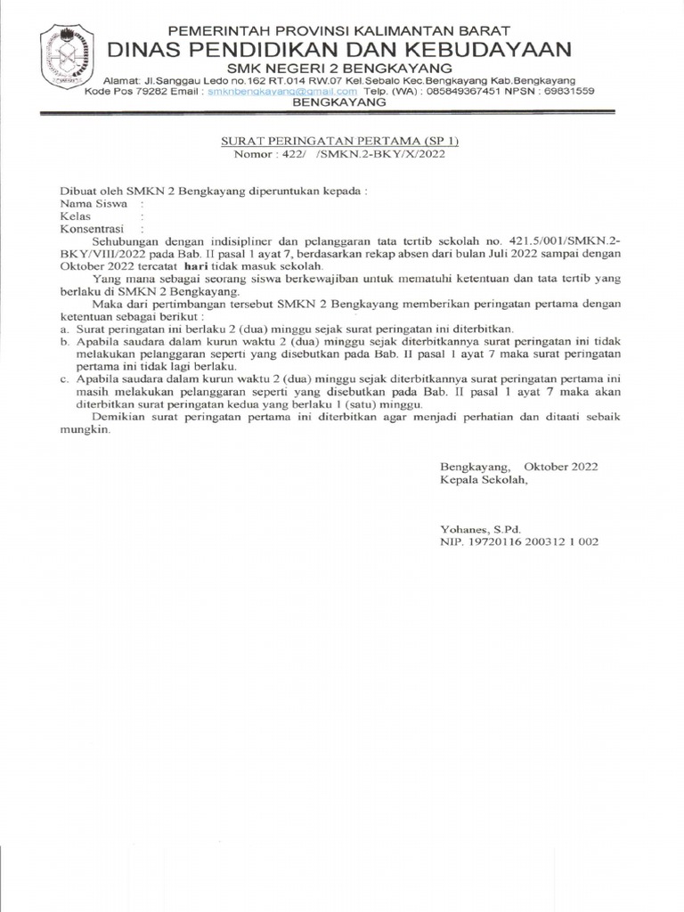 Contoh Surat Peringatan Siswa 1, 2, 3 | PDF