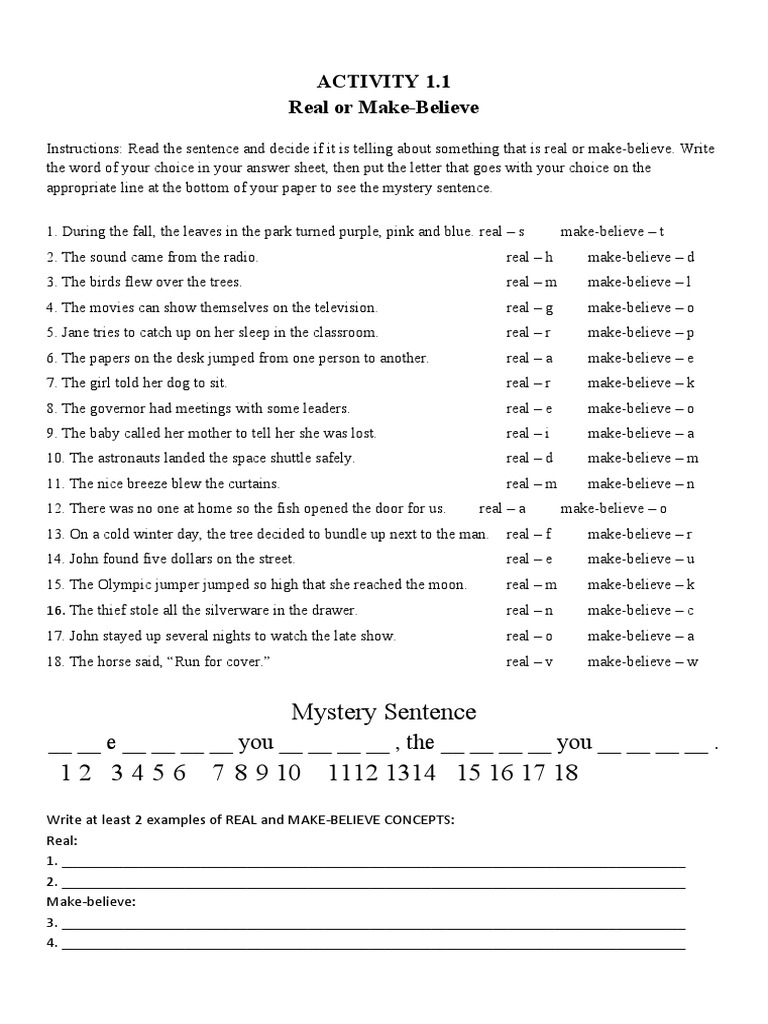 ACTIVITY 1.1 - Real Vs Make-Believe - Mystery Sentence | PDF