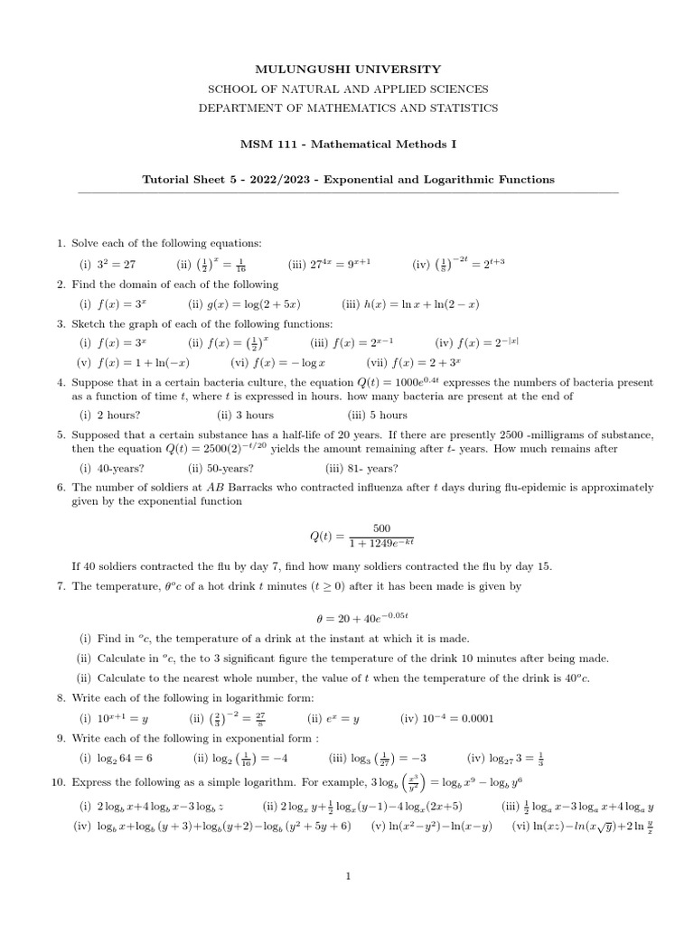 MSM 111 - Exponential and Logarithmic Functions - T5 | PDF | Mathematical Analysis | Mathematics