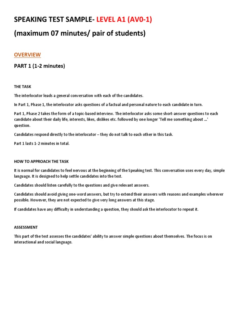 Sample Speaking Exam - Level A1 | PDF | Question | Vocabulary