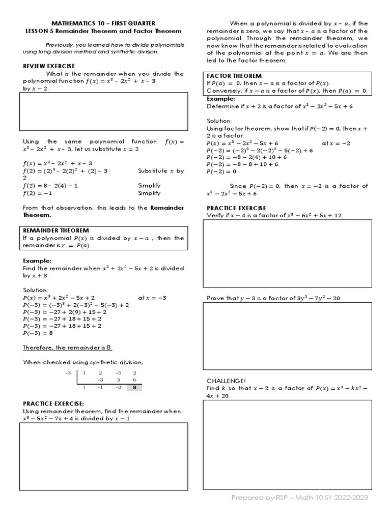 Math 10: Remainder & Factor Theorems | PDF | Polynomial | Abstract Algebra