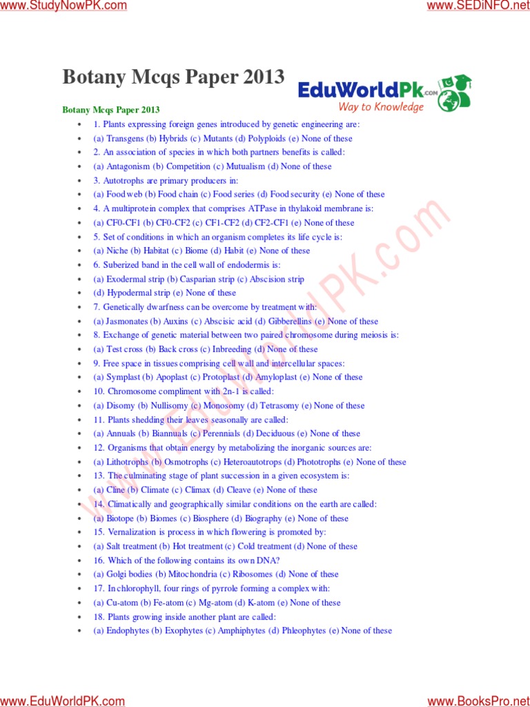 Botany MCQs for Lecturers and MPhil | PDF | Plant Stem | Adenosine ...