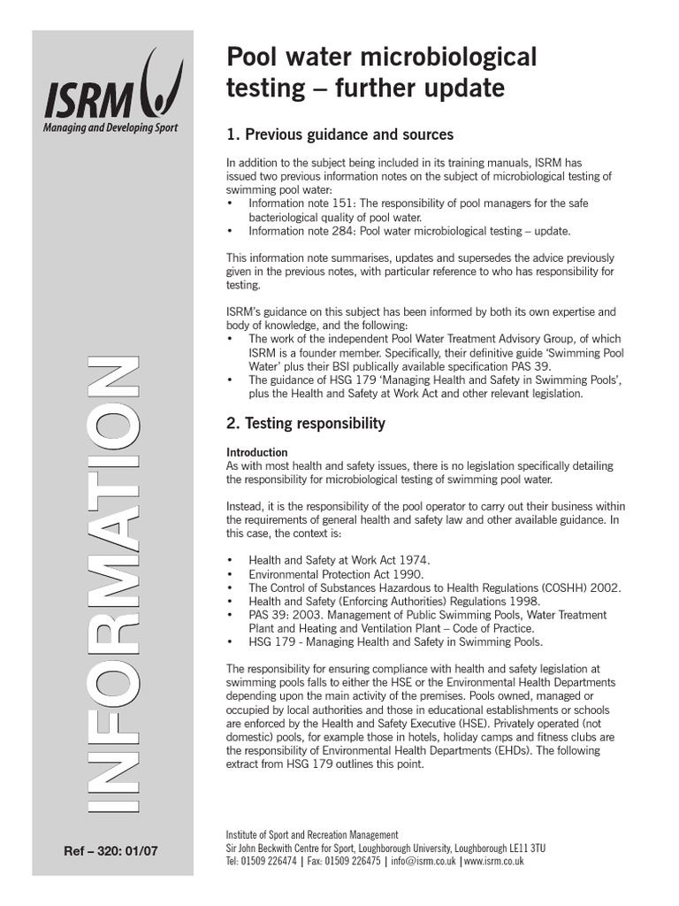 Pool Water Microbiological Testing - Further Update | PDF ...
