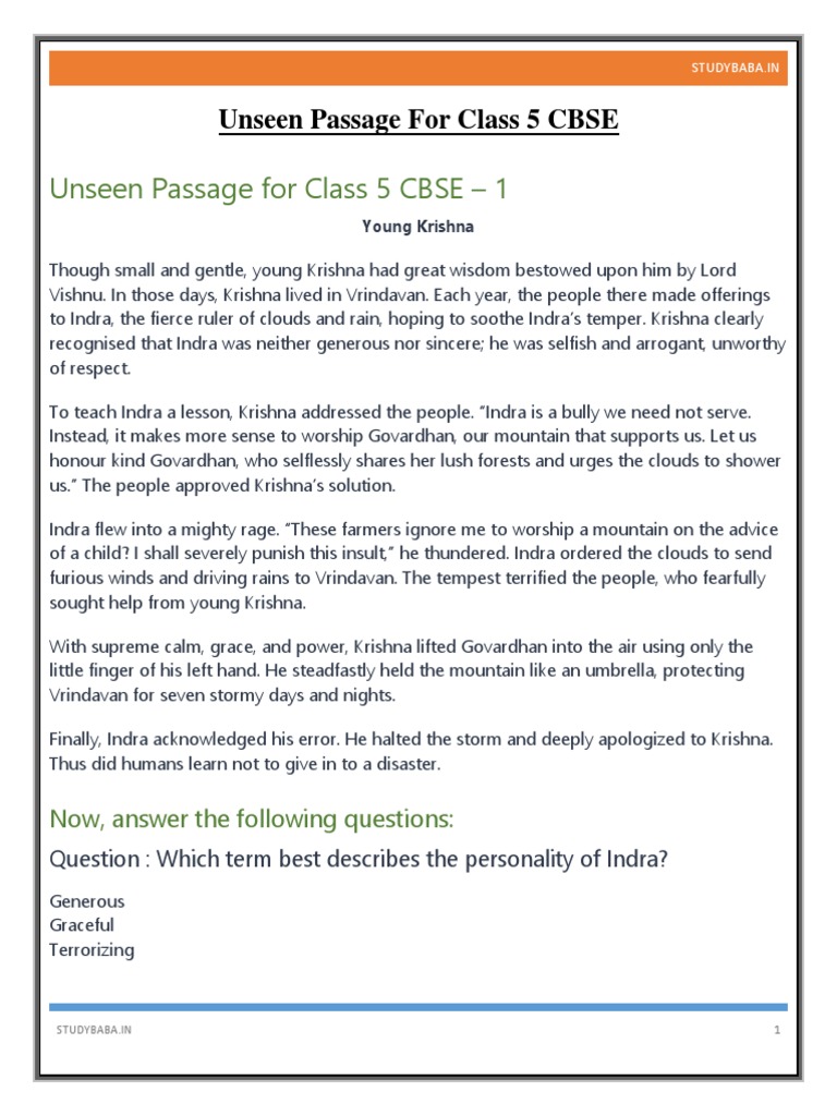 Unseen Passage For Class 5 CBSE | PDF
