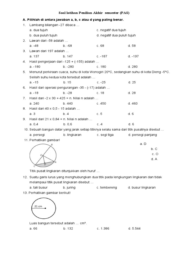 Soal PAS Matematika Kelas 6 Semester 1 Tahun 2021-2022 | PDF