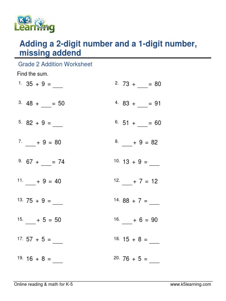 Grade 2 Add 2 Digit Plus 1 Digit Missing Addend A | PDF