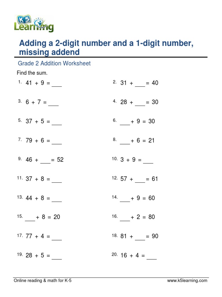 Grade 2 Missing Addends Worksheets | PDF