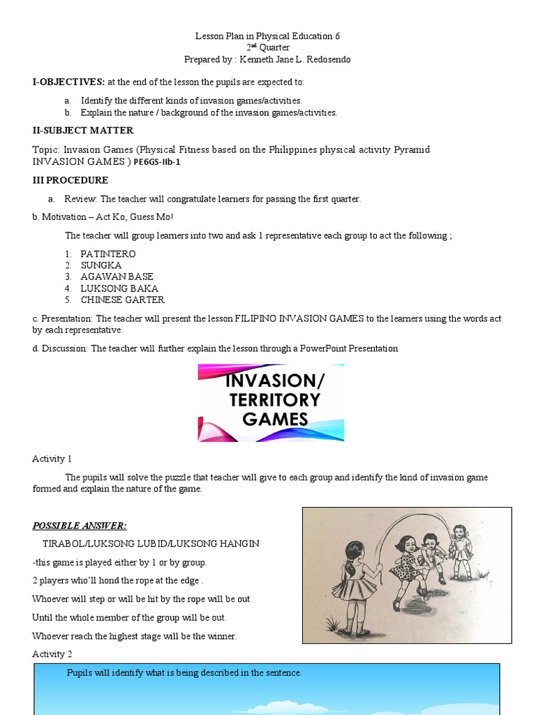Lesson Plan in Physical Education 6 | PDF | Education Theory ...