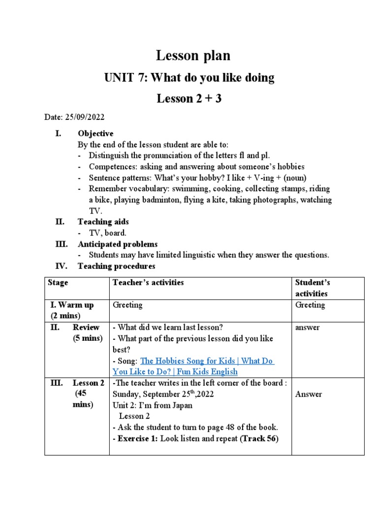 Lesson Plan: UNIT 7: What Do You Like Doing Lesson 2 + 3 | PDF ...
