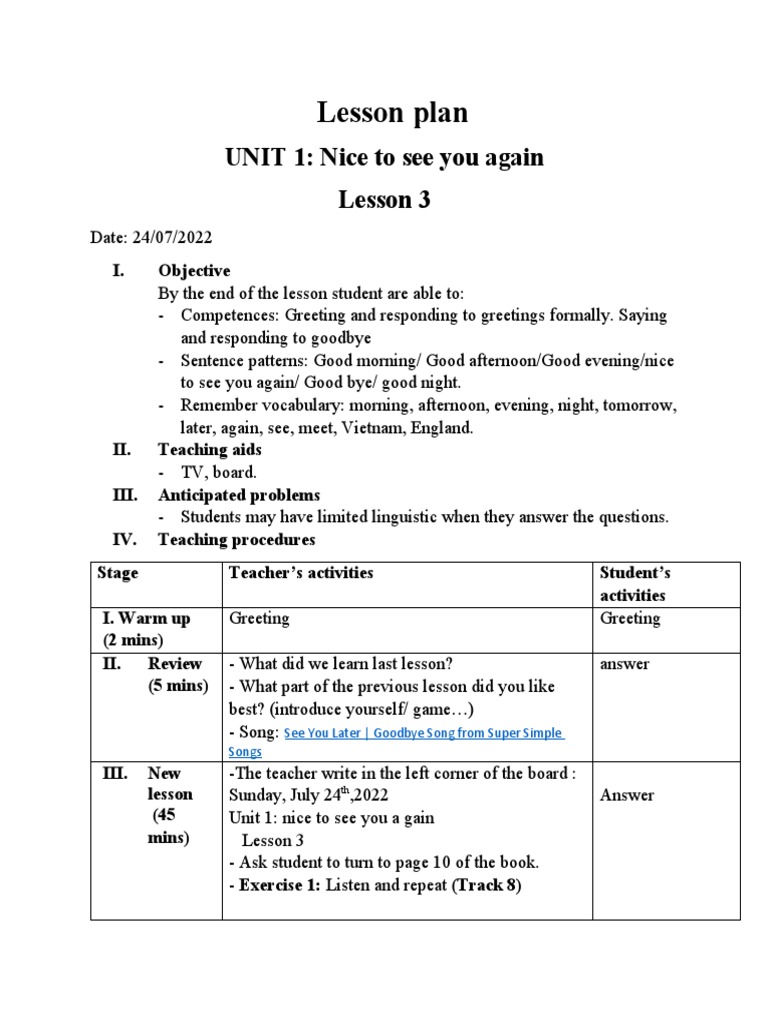 Lesson Plan: UNIT 1: Nice To See You Again Lesson 3 | PDF | Cognitive ...