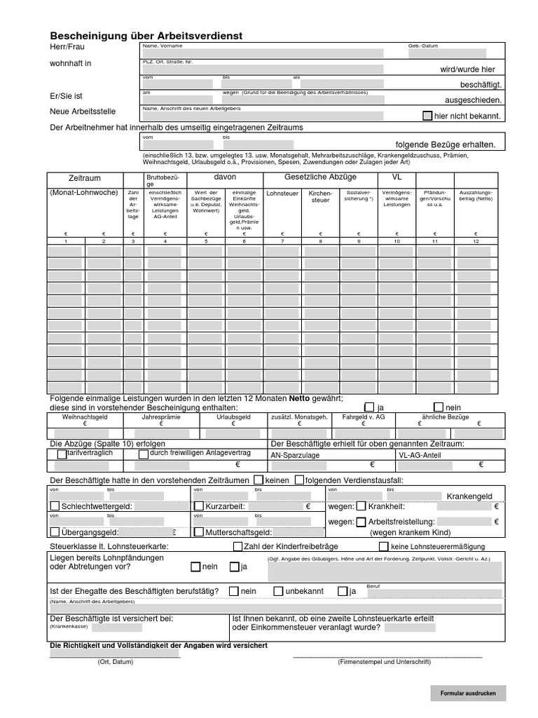 Verdienstbescheinigung Arbeitgeber | PDF