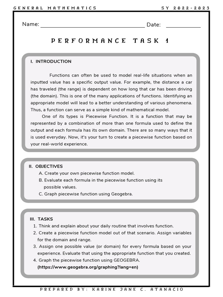 Performance Task 1. Piecewise Function | PDF | Function (Mathematics) | Mathematics