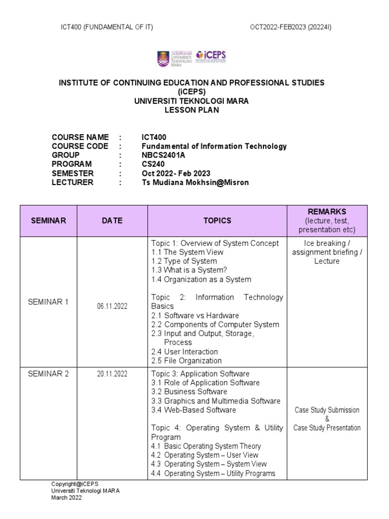 Ict400 - Lesson Plan For Sem Oct2022-Feb2023 Iceps | PDF | Operating System | System