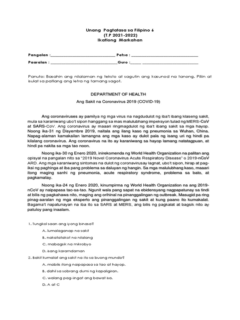 Ikatlong Markahan (Unang-Pagtatasa) FILIPINO-6 | PDF