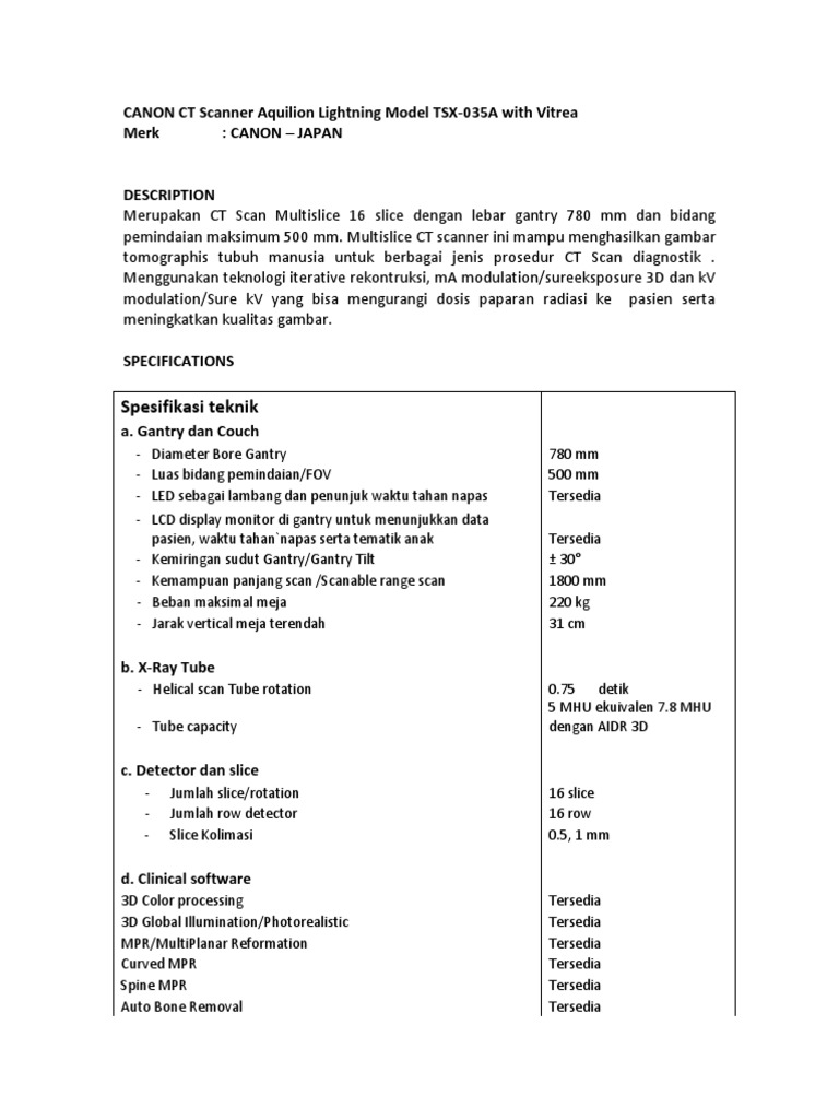 49 - SPEC CANON CT Scanner Aquilion Lightning Model TSX-035A With Vitrea | PDF