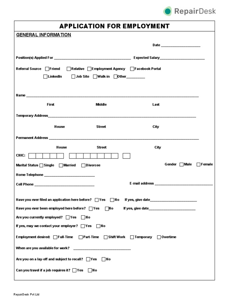 RD Employment Application Form | PDF | Application Software | Computing