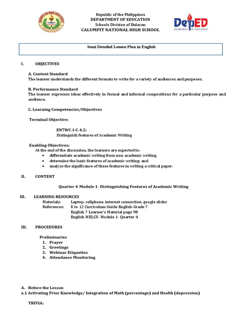 Department of Education-Lesson Plan On Academic and Non-Academic ...