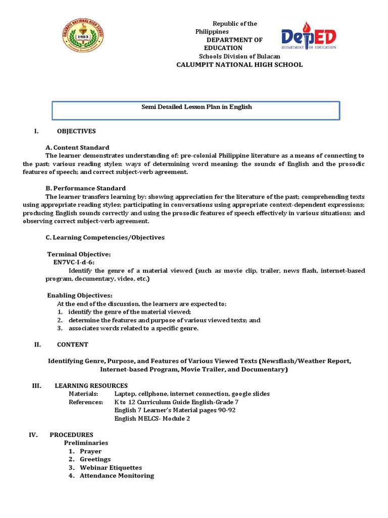 Department of Education-Lesson Plan On Viewing Genre | PDF | Learning ...