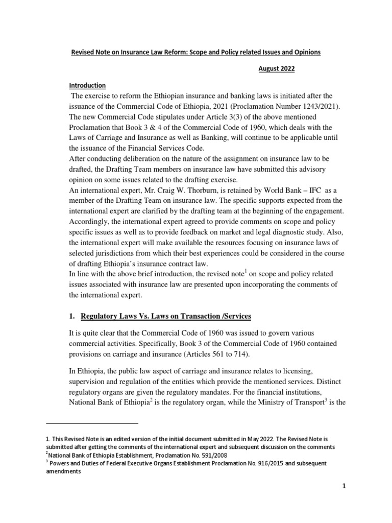 Revised Note On Insurance Law Reform: Scope and Policy Related Issues ...