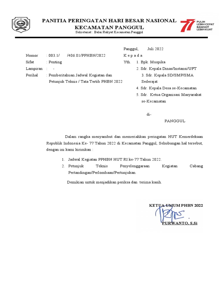 Surat Pemberitahuan Kegiatan Dan Juknis PHBN 2022 | PDF