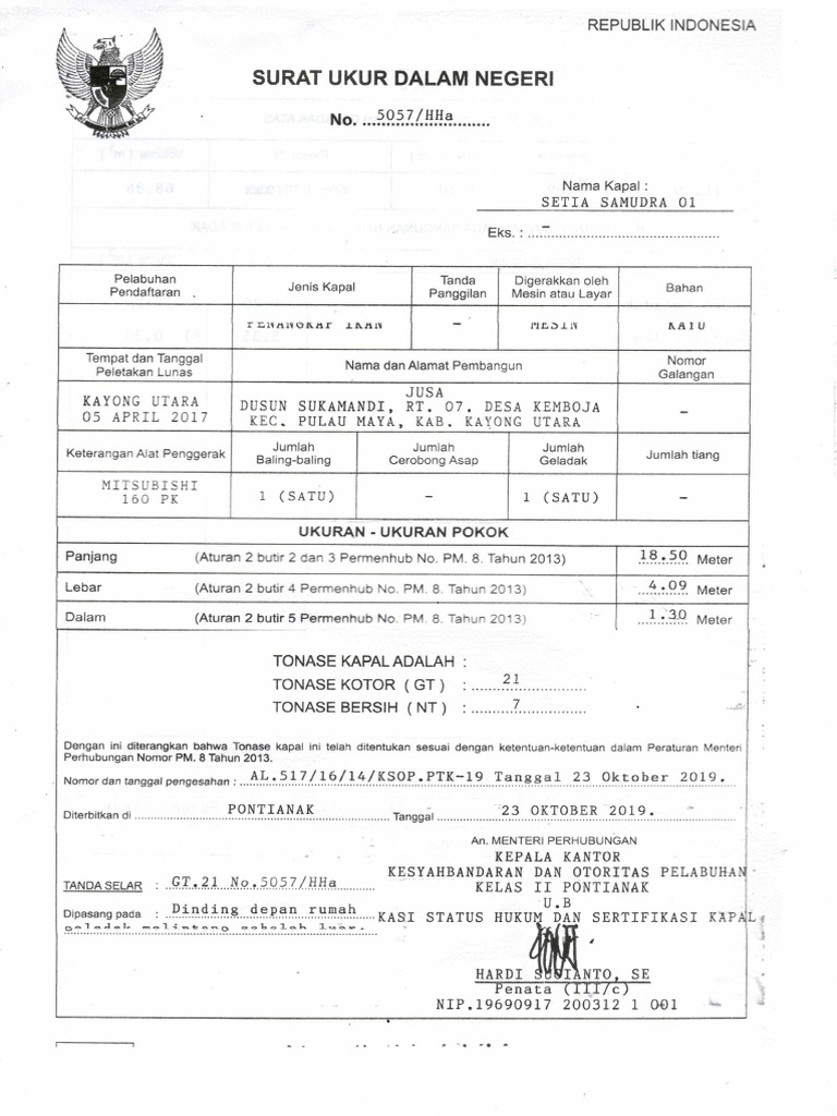 Surat Ukur KM Setia Samudra 01 | PDF