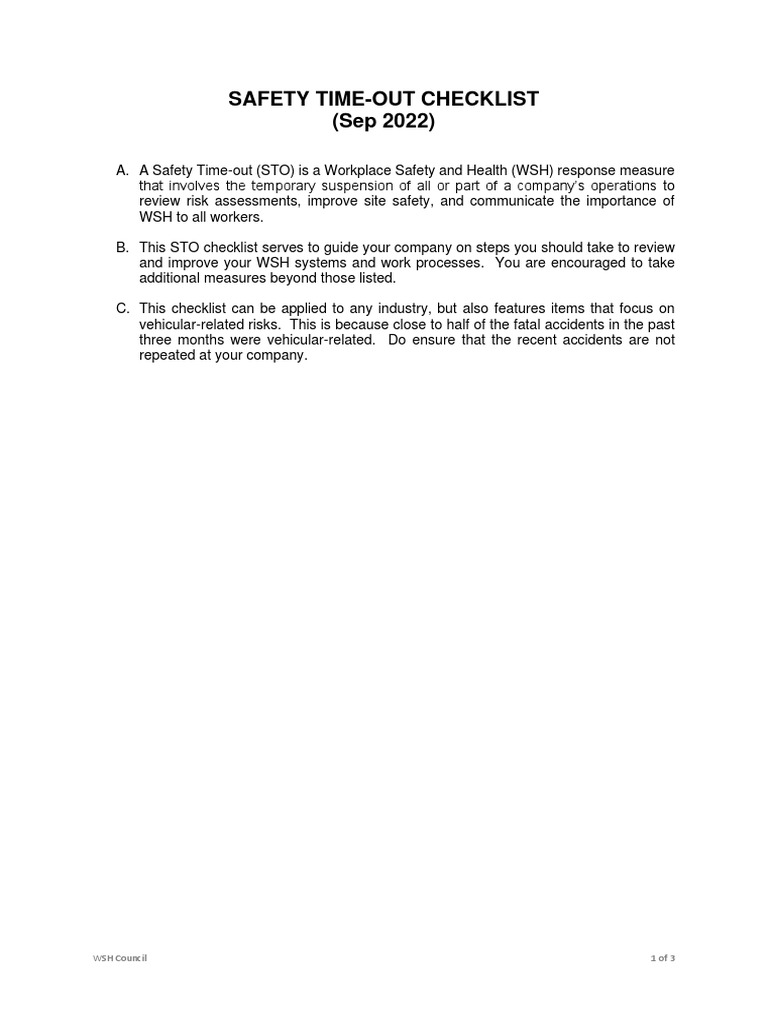 Safety Time-Out Checklist for WSH | PDF | Risk | Safety