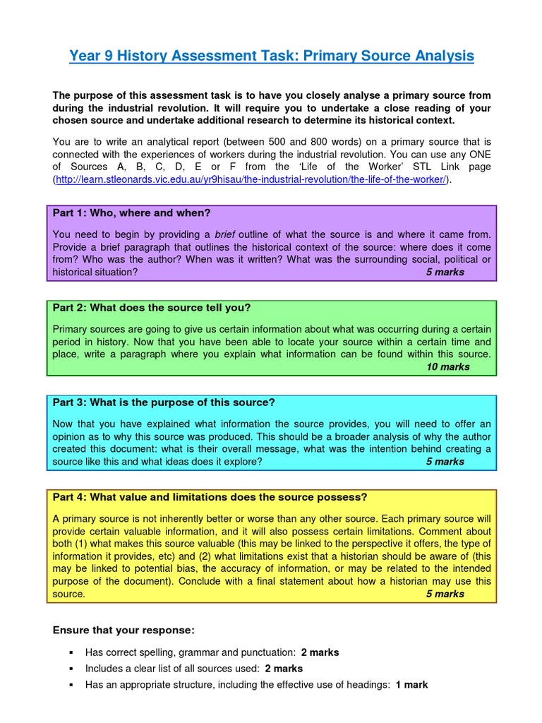 Year 9 History Assessment Task Primary Source Analysis | PDF | Primary Sources | Information