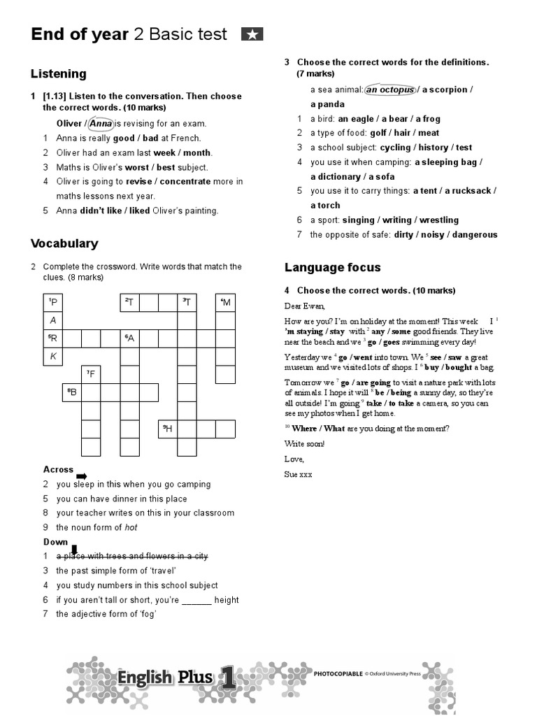End of Year 2 Basic Test | Download Free PDF | Vocabulary | Cognition
