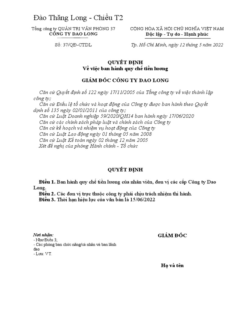 Quyet Dinh Ban Hanh Quy Che Tien Luong | PDF