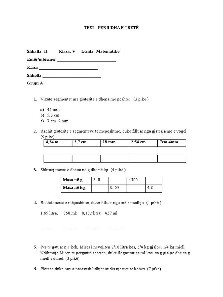 Matematika 5 - Test 3 GR. A Dhe B | PDF