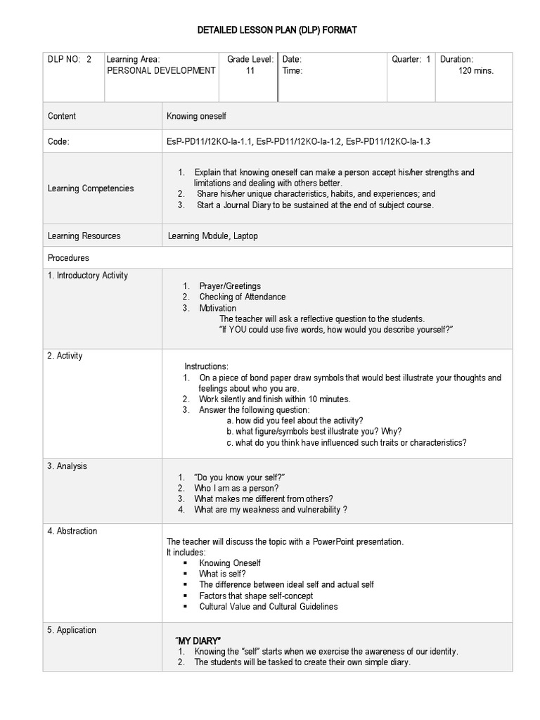 Personal Development Lesson Plan (Knowing Oneself) | PDF | Self Concept ...