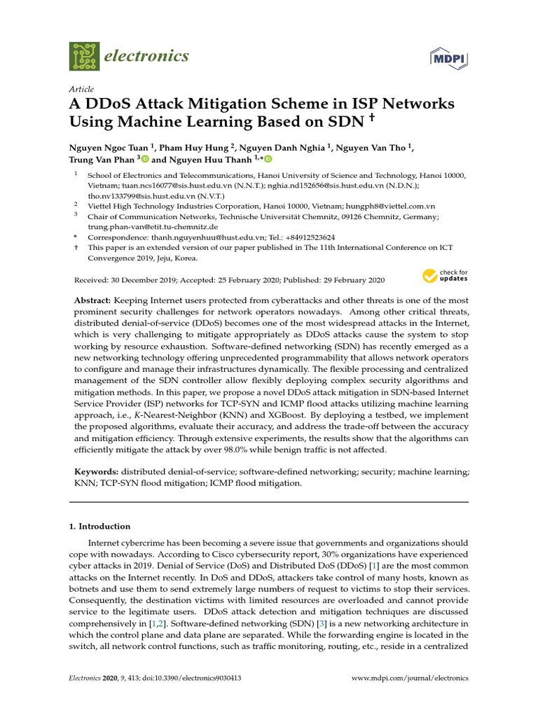 A DDoS Attack Mitigation Scheme in ISP Networks Using Machine Learning Based On SDN | PDF ...