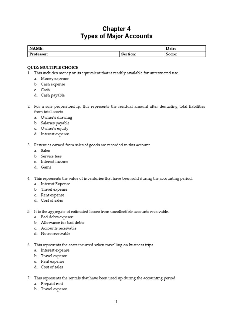 Quizzes - Chapter 4 - Types of Major Accounts. | PDF | Expense | Bad Debt